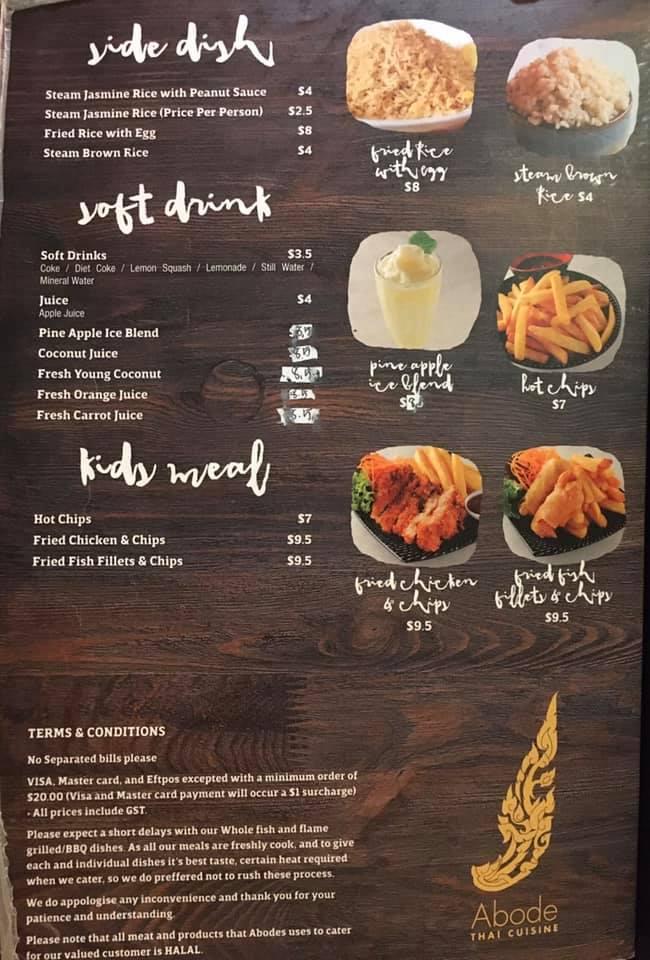 Menu at Abode Thai Cuisine restaurant, Brighton-Le-Sands