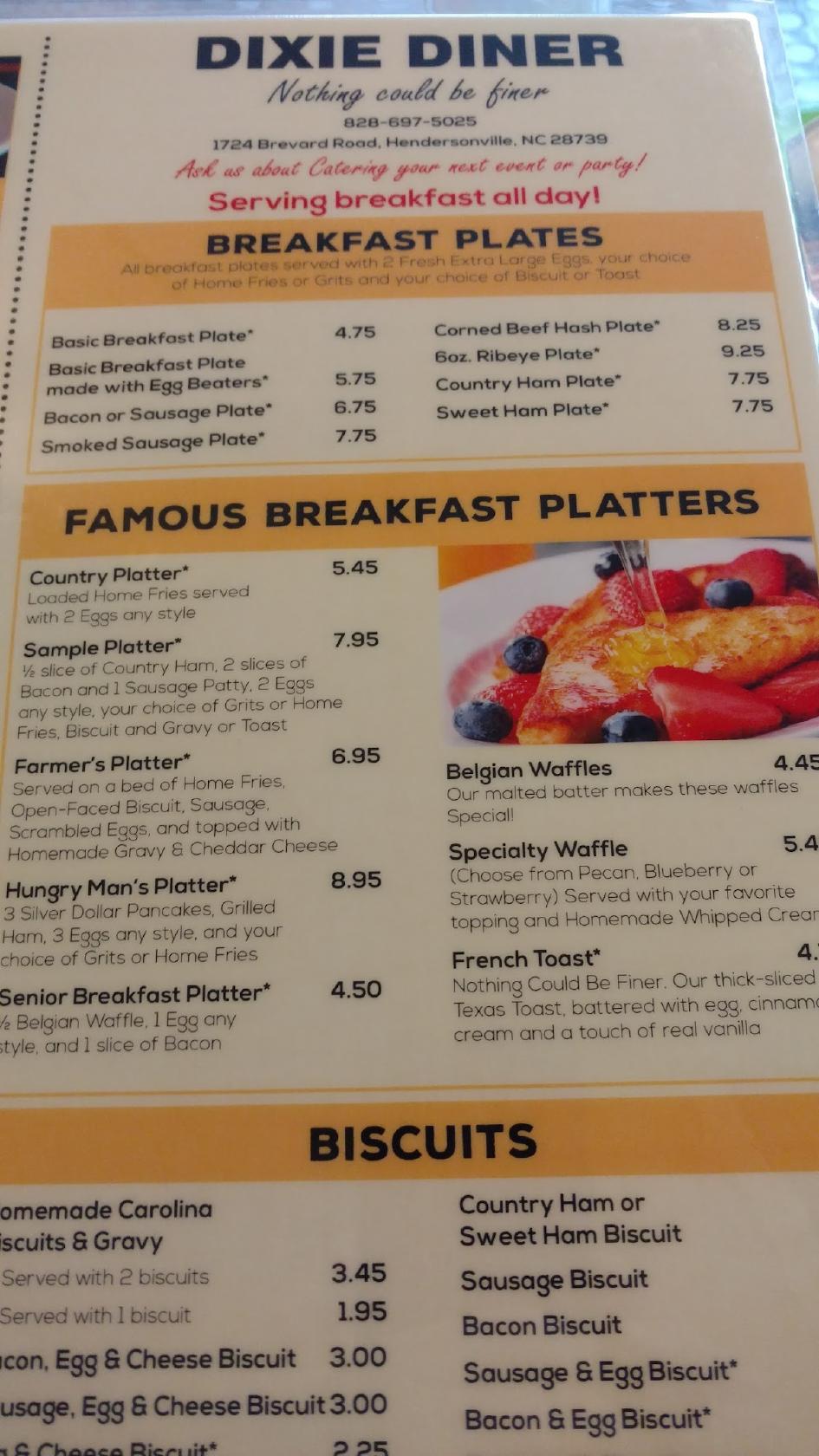 Menu at Dixie Diner restaurant, Hendersonville