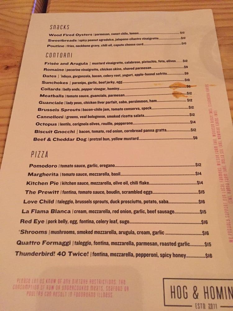 Menu at Hog & Hominy pizzeria, Memphis
