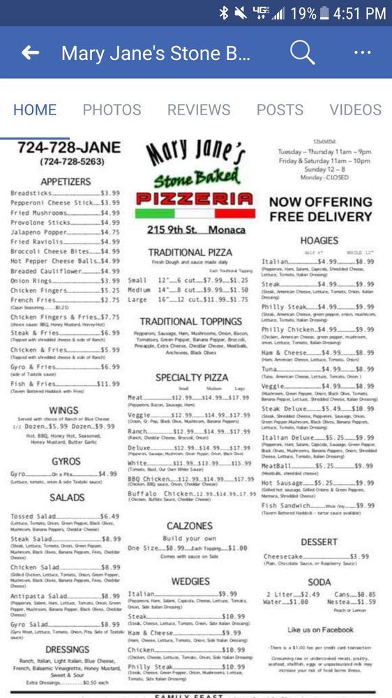 Menu at Mary Jane's Stone Baked Pizzeria, Monaca