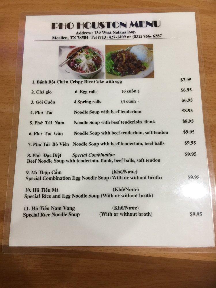 Menu at Phở Houston restaurant, McAllen