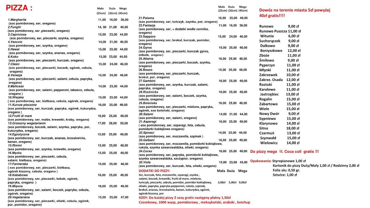 Menu at Pizzeria Soprano, Wiecbork