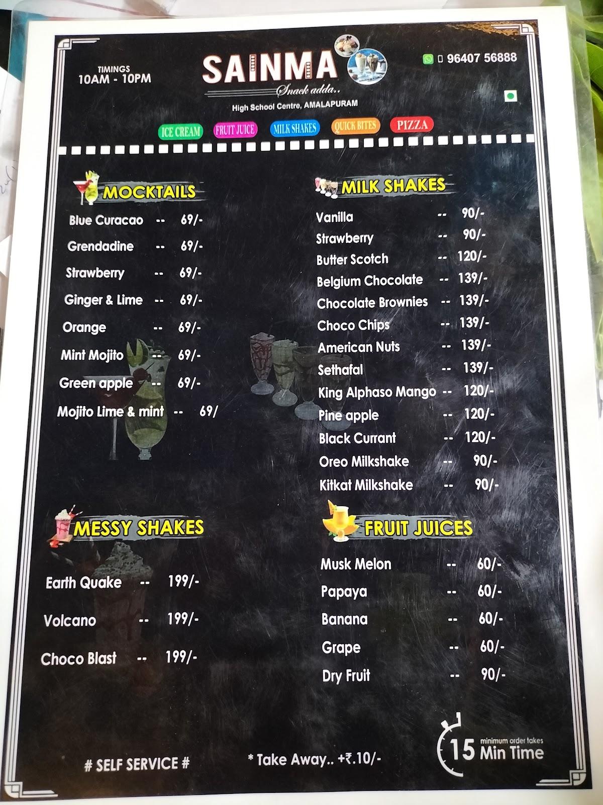 Menu at Sainma Snack Adda, Amalapuram