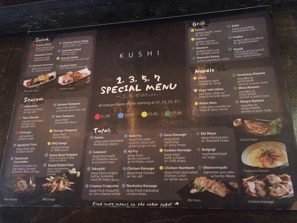 Menu at Sake Bar Kushi, Toronto, 257 Eglinton Ave W