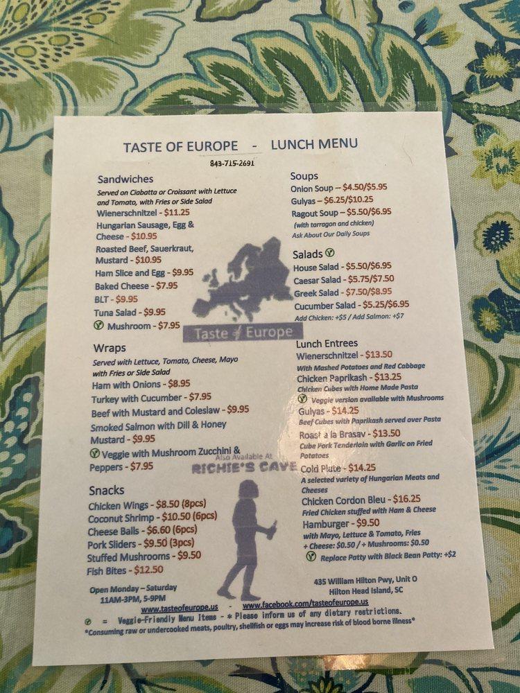 Menu at Taste of Europe pub & bar, Hilton Head Island