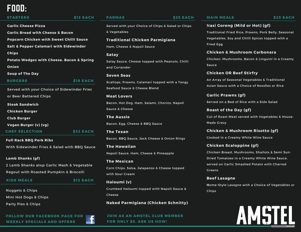 Menu at Amstel Club, Cranbourne
