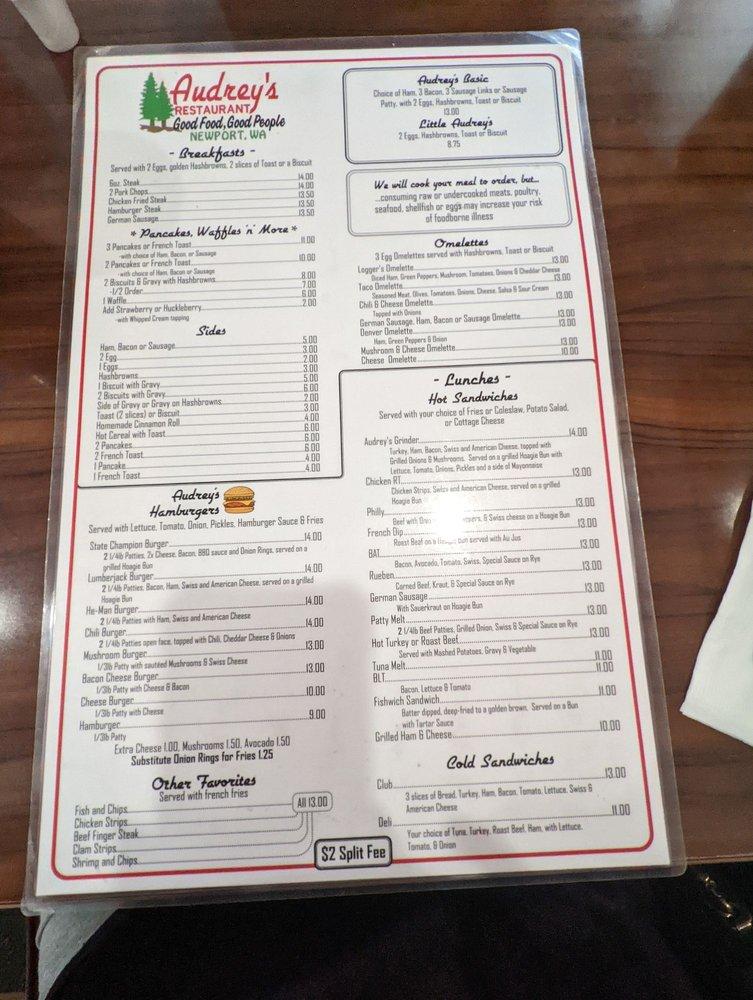 Menu at Audrey's Restaurant, Newport, U.S. Rte 2