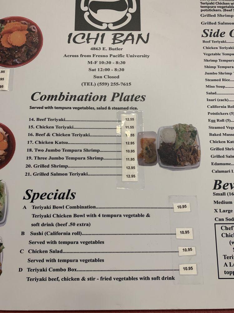 Menu at Ichiban restaurant, Fresno
