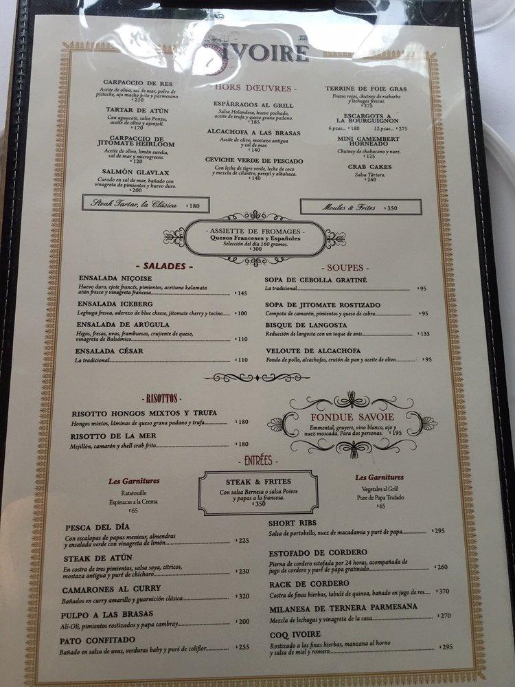 Carta del restaurante Ivoire, Ciudad López Mateos
