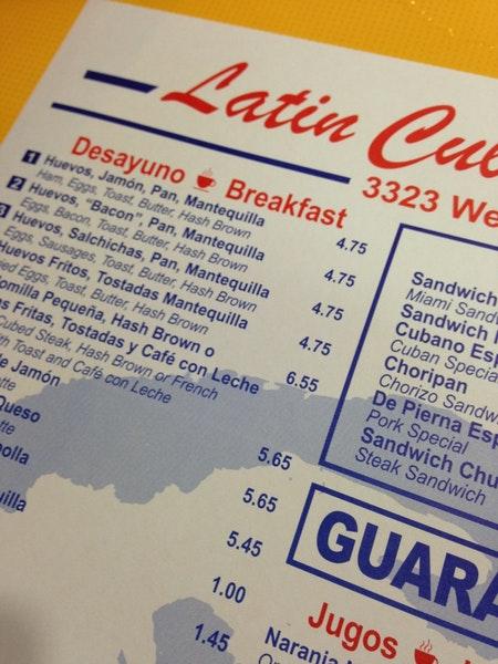 Carta de Latin Cuban Cafeteria, Hialeah