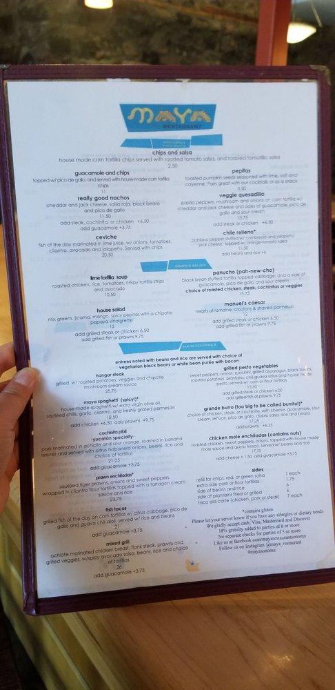 Menu at Maya Restaurant, Sonoma