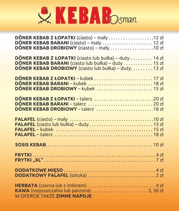 Menu at Kebab Osman restaurant, Sosnowiec