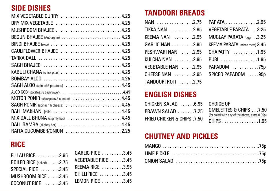Menu at The Bengal Bear restaurant, Corsham