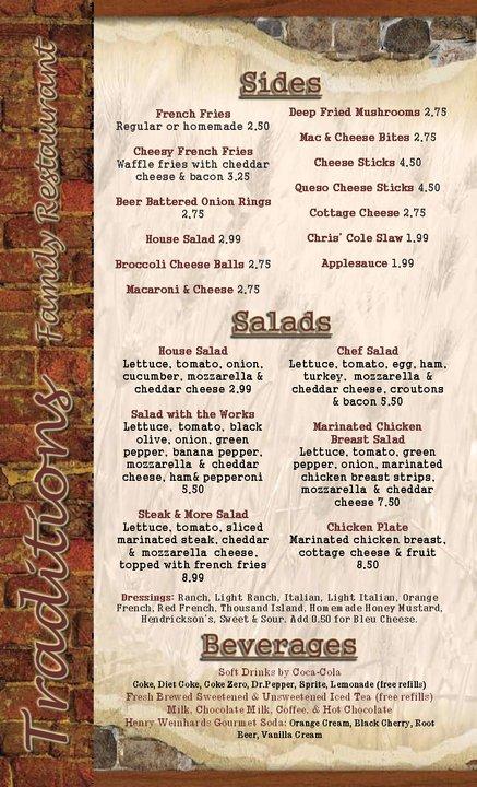 Menu at Traditions restaurant, Woodsfield