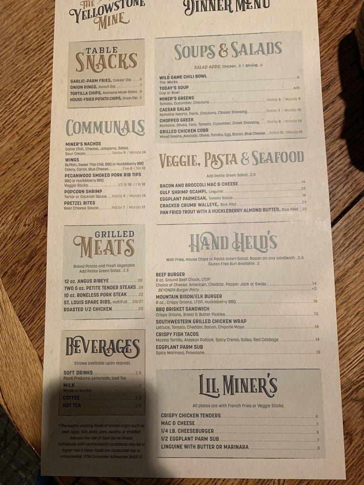 Menu at Yellowstone Mine pub & bar, Gardiner