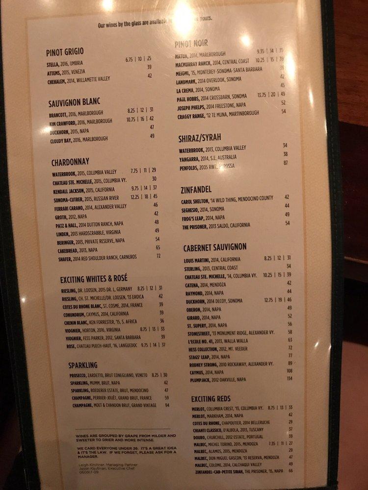 Menu at Carlyle restaurant, Arlington