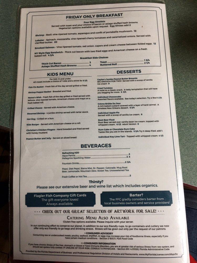 Menu at Flagler Fish Company restaurant, Flagler Beach