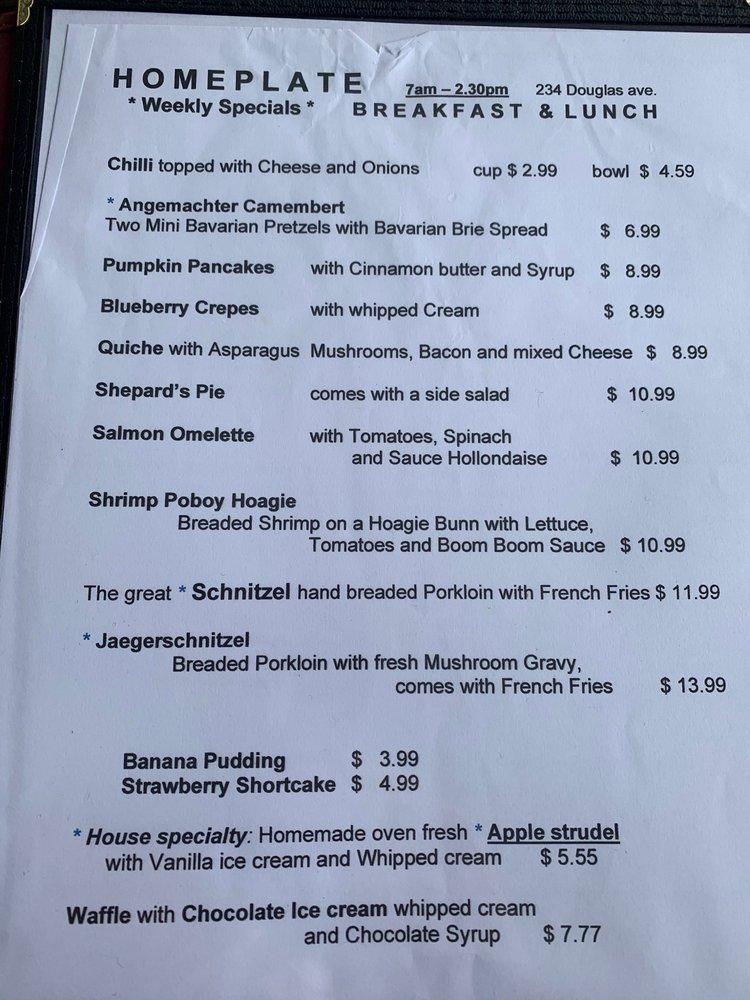 Menu at Home Plate on the Trail Restaurant, Dunedin