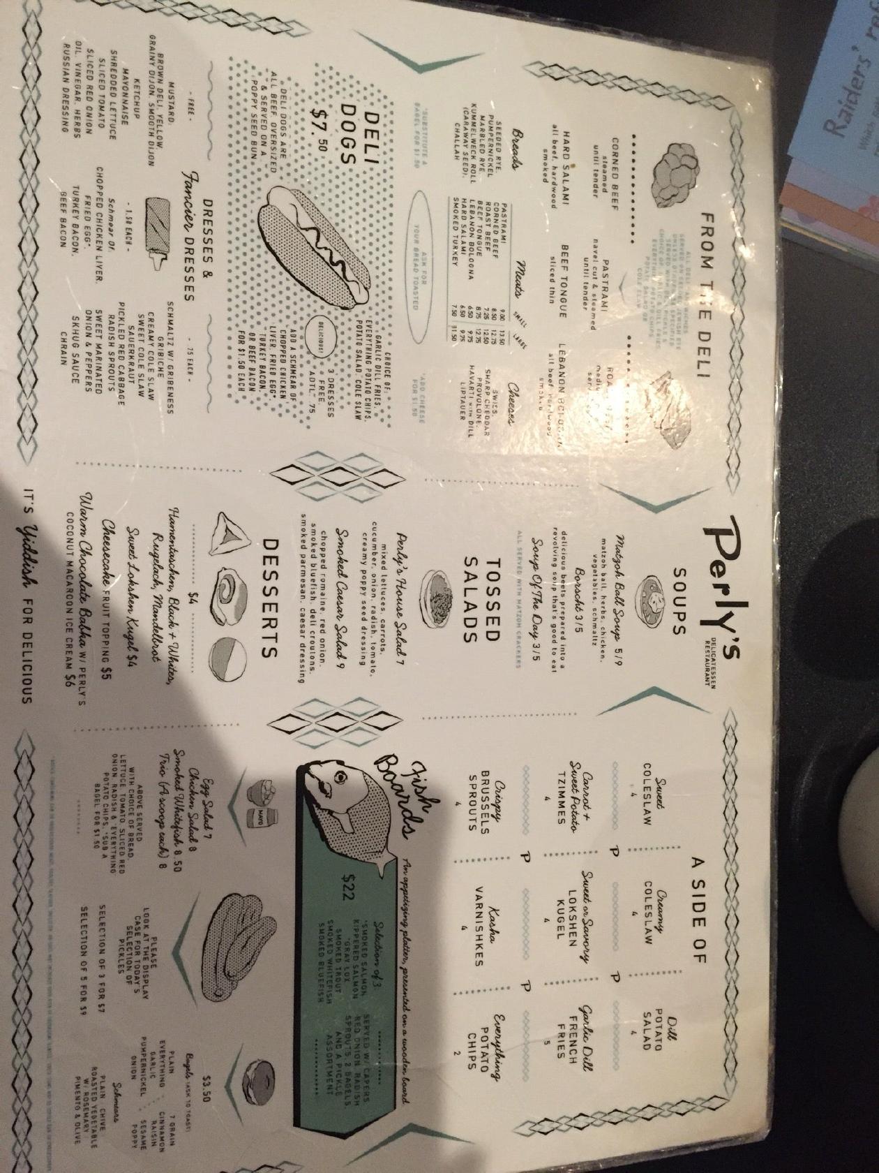 Menu at Perly's restaurant, Richmond