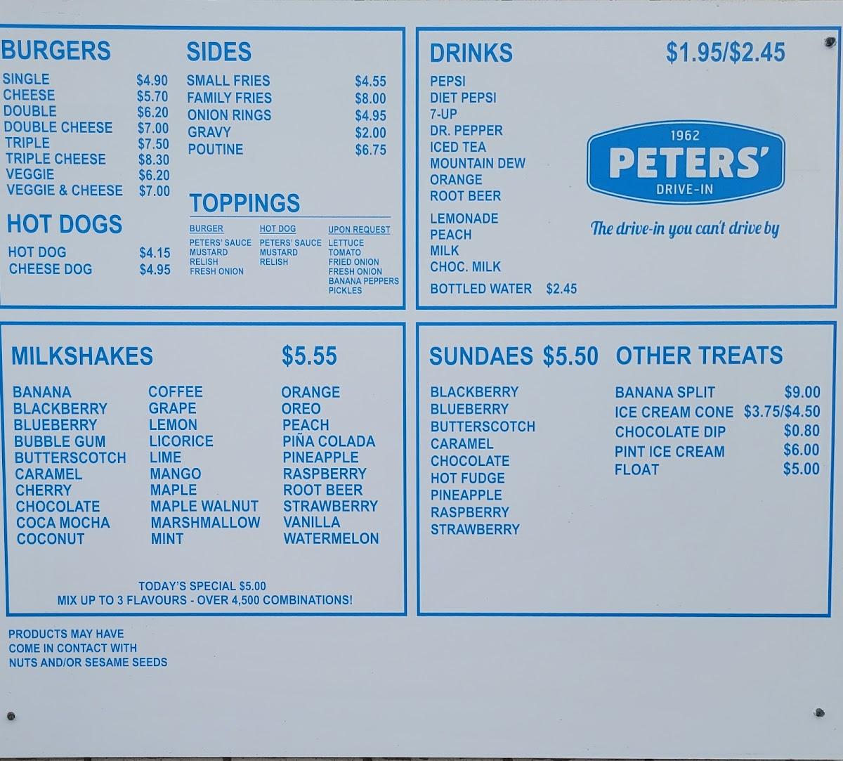 Menu at Peters' Drive-In fast food, Calgary