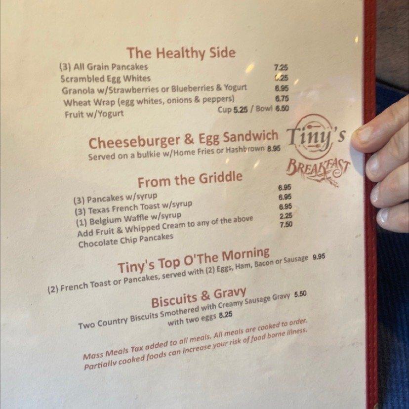 Menu at Tiny's restaurant, Ayer