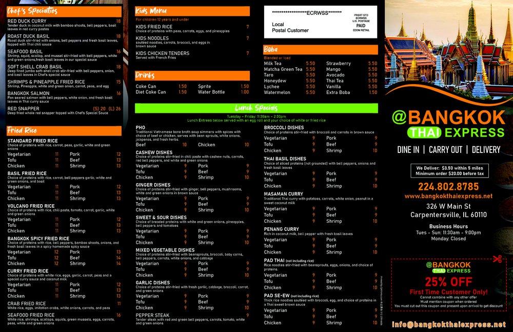 Menu at @BANGKOK THAI EXPRESS restaurant, Carpentersville