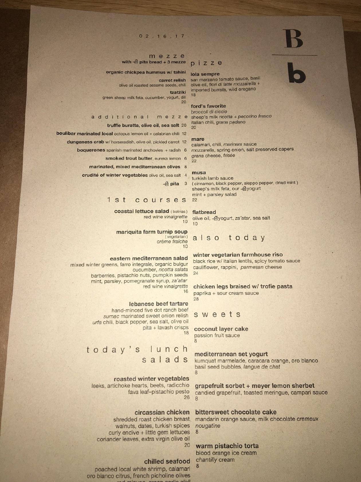 Menu at Boulibar, San Francisco