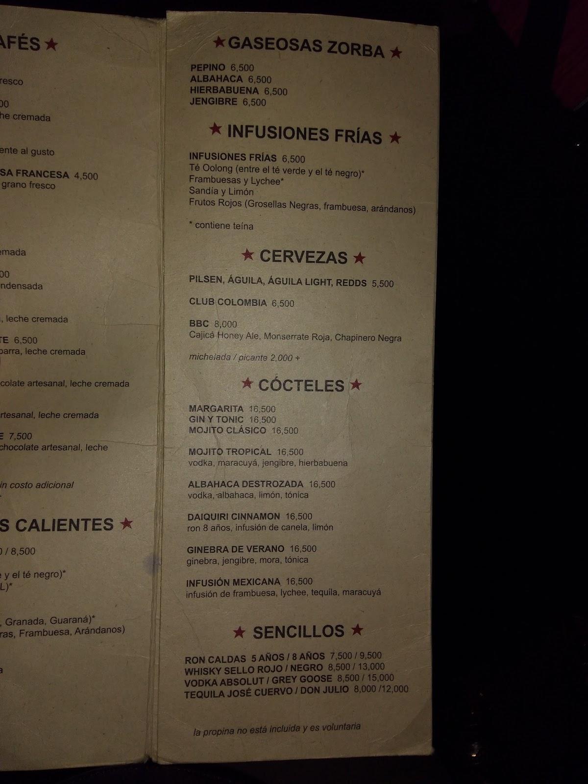 Carta de Café Zorba, Medellín