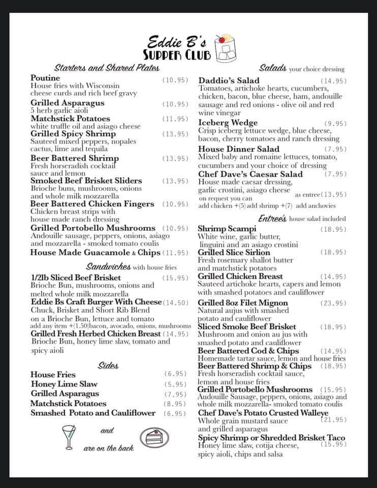 Menu at Eddie B's Supper Club, Lake Villa