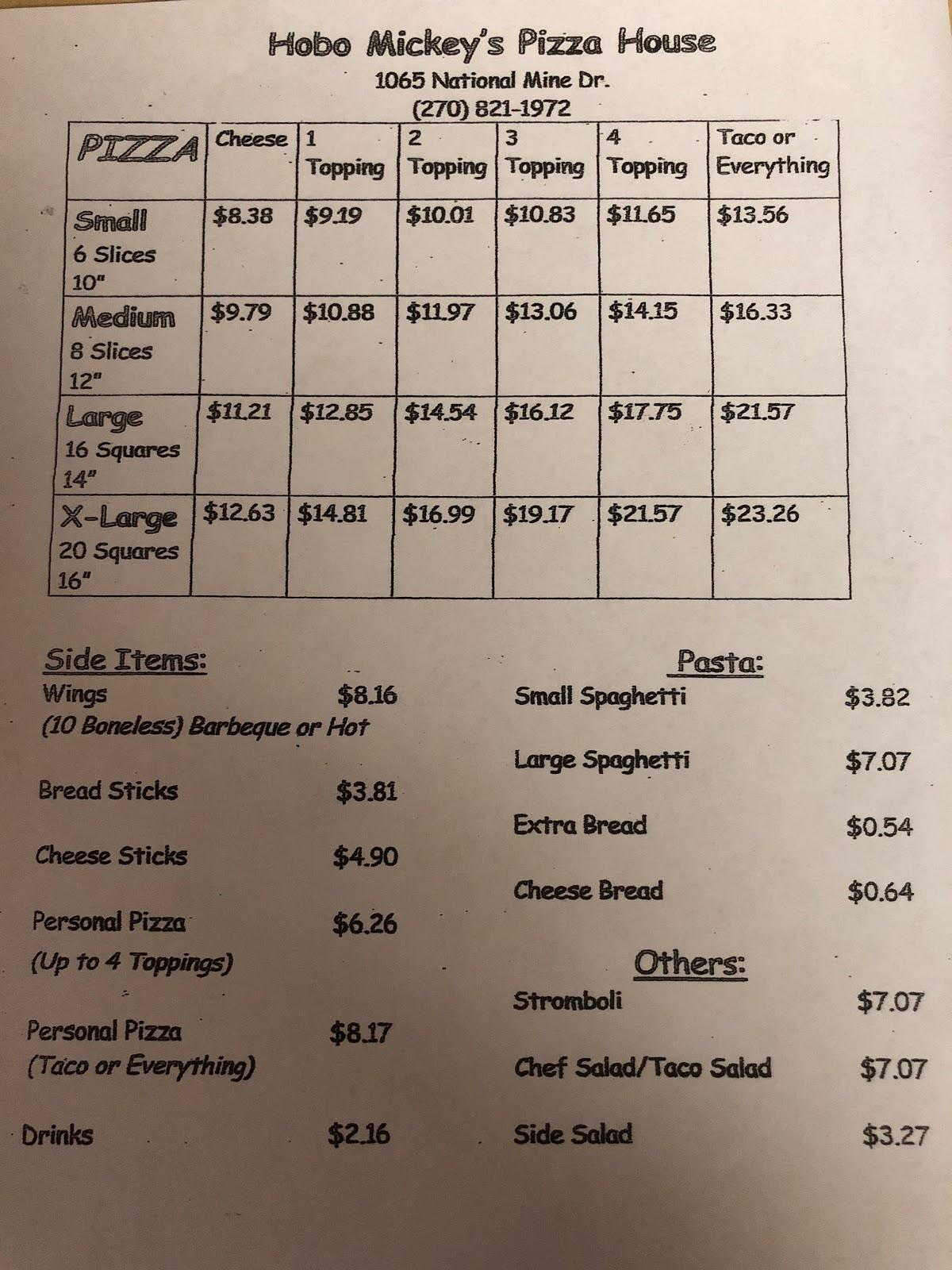 Menu at Hobo Mickey's Pizza House pizzeria, Madisonville
