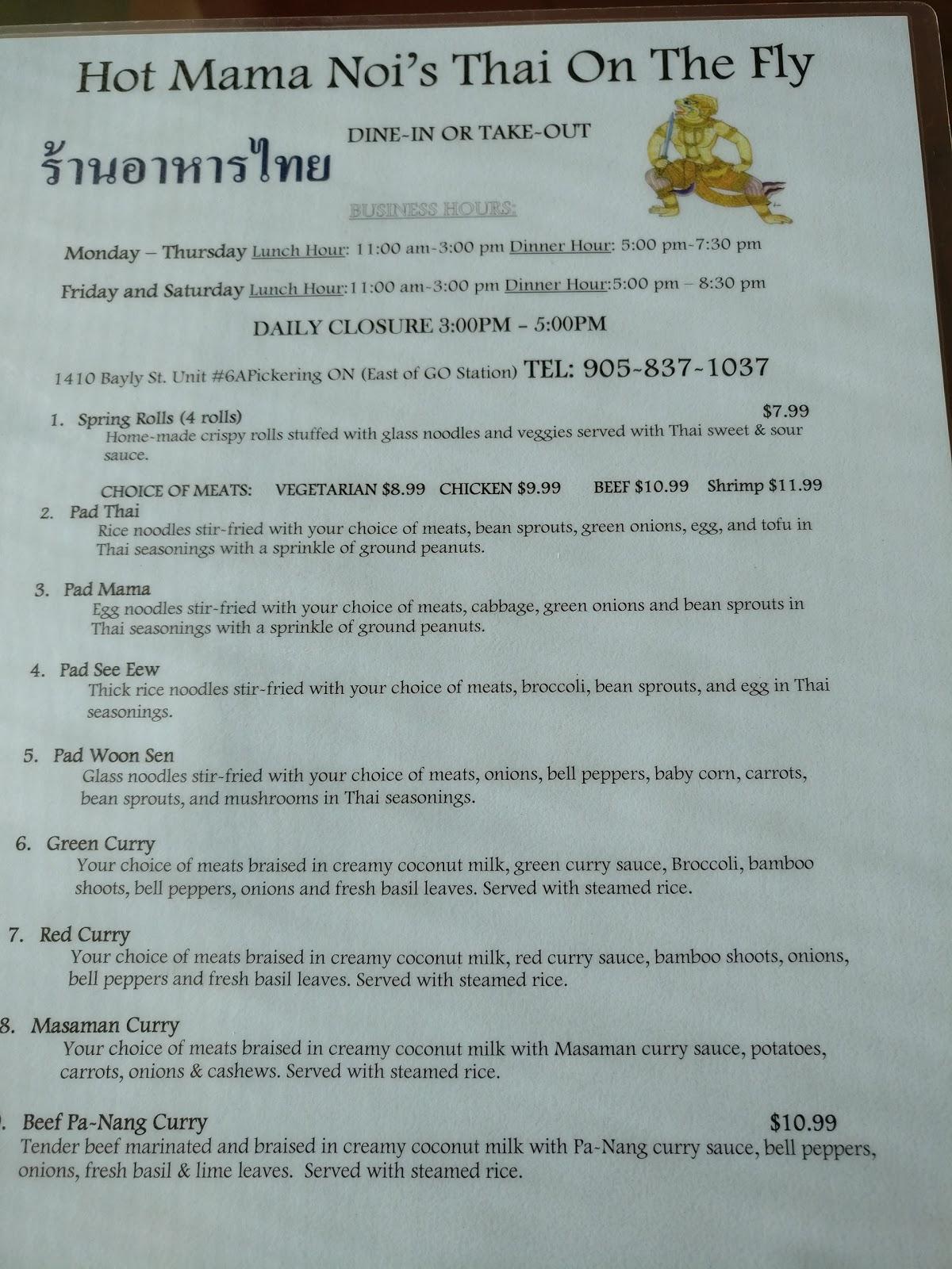 Menu at Hot Mama Noi's Thai On The Fly restaurant, Pickering