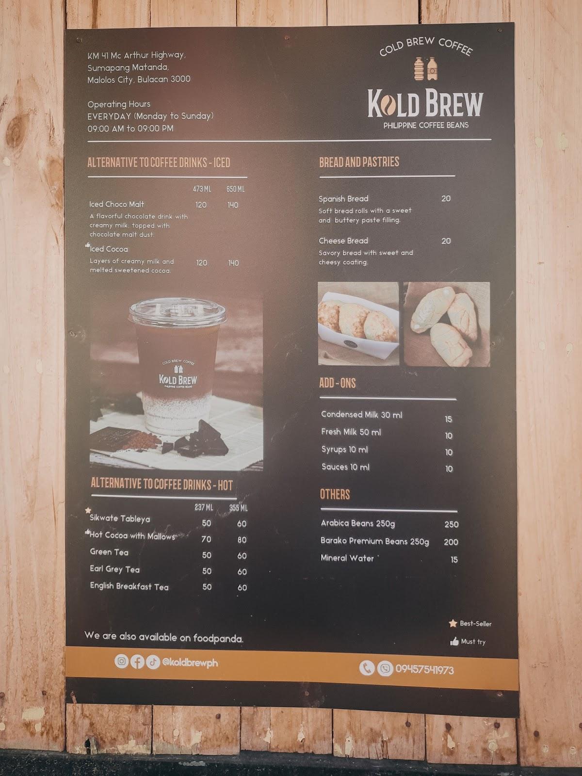 Menu at Kold Brew Coffee Shop, Sumapang Matanda, Malolos