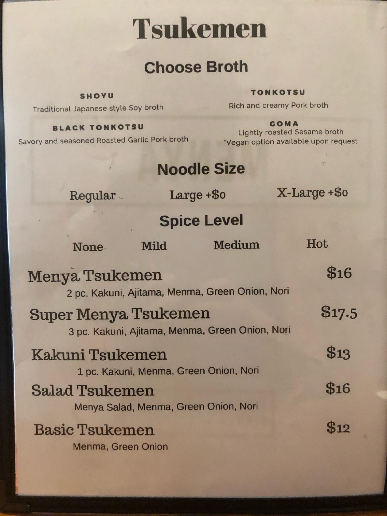 Menu at Menya le Nood restaurant, Honolulu, 560 Pensacola St