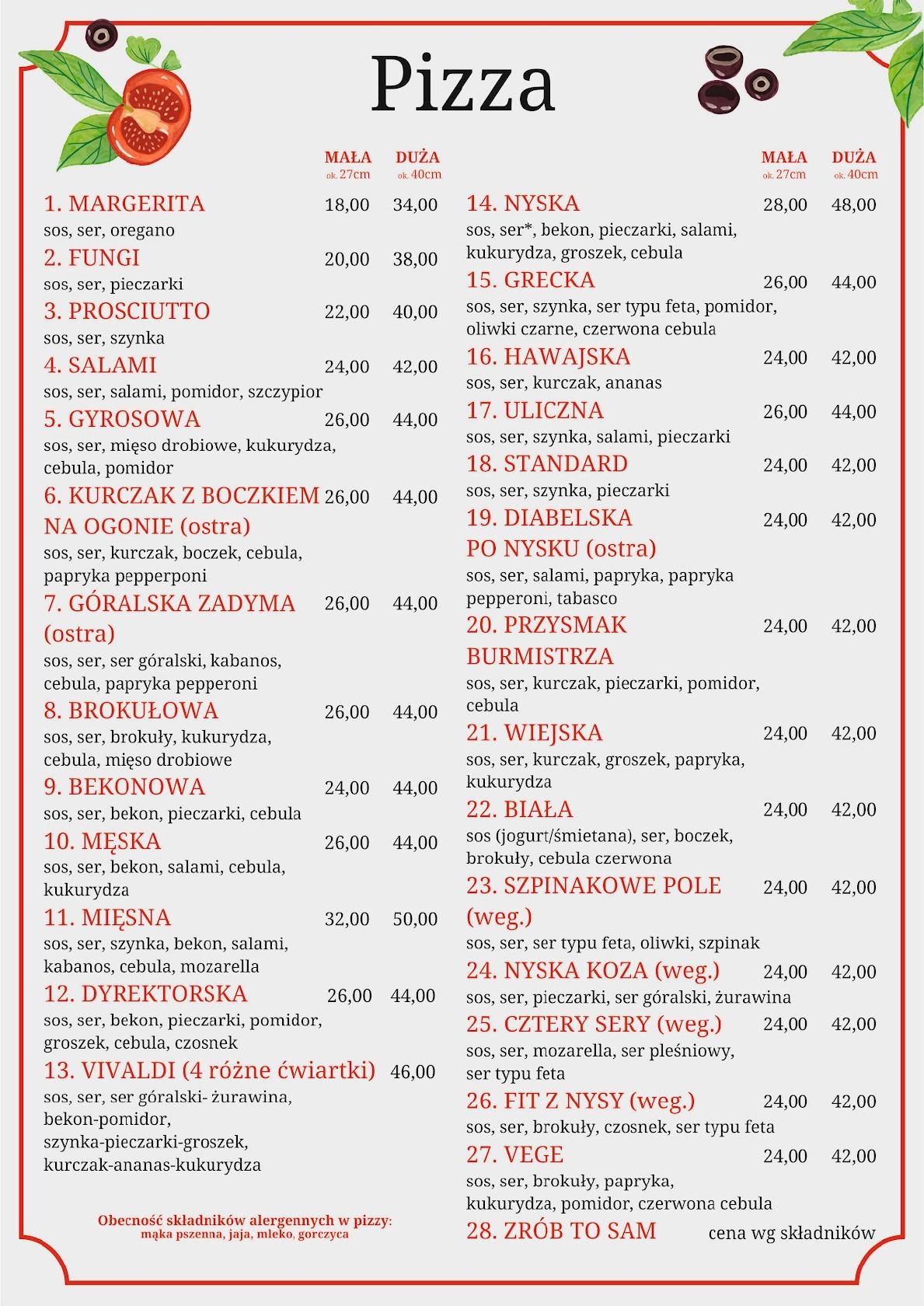 Menu at Pizzeria Nyska, Nysa