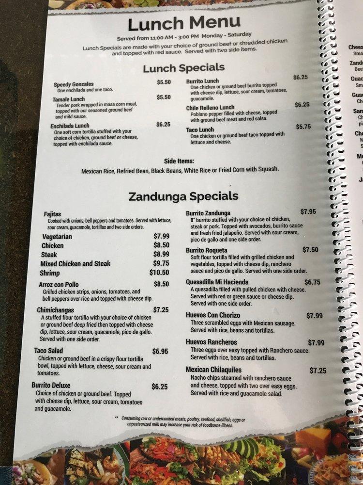 Menu at Zandunga Mexican Restaurant, Oak Ridge