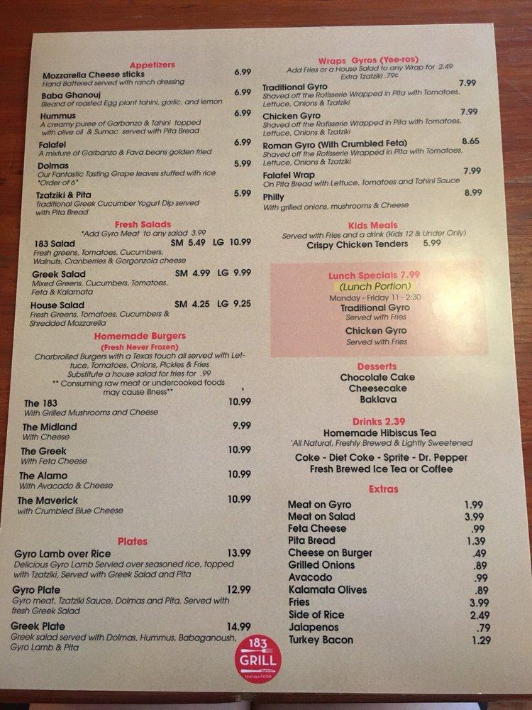 Menu at 183 Grill Austin restaurant, Austin, US-183 Hwy
