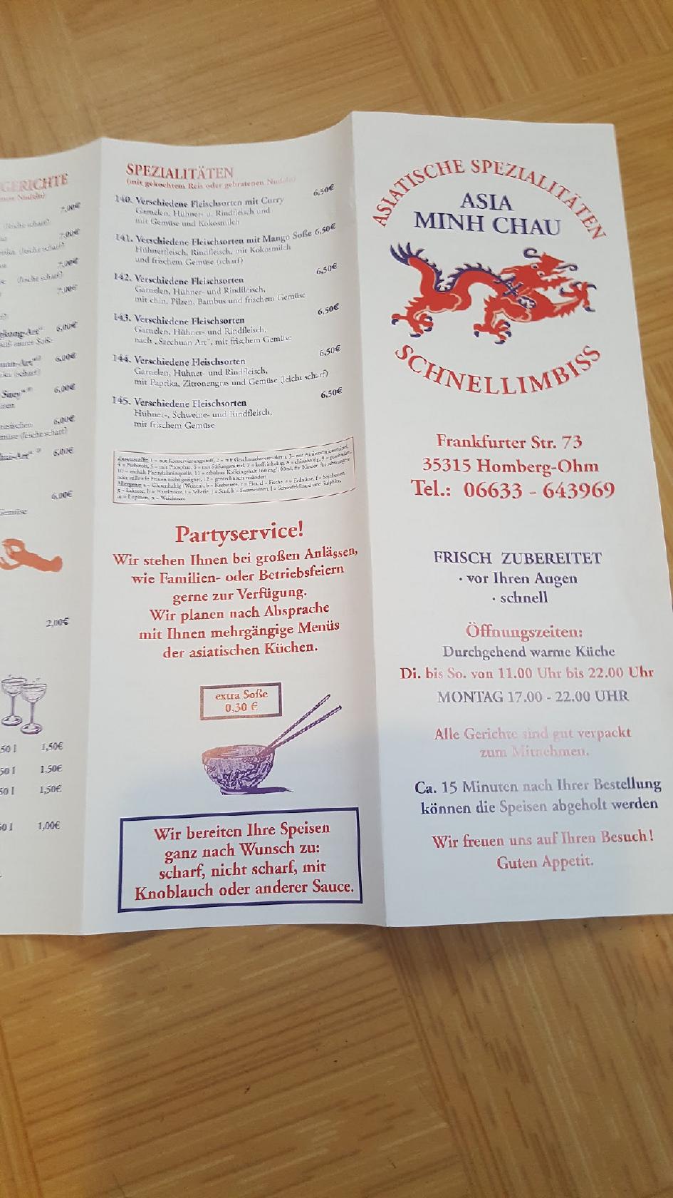 Menu at Asia Minh Chau restaurant, Homberg