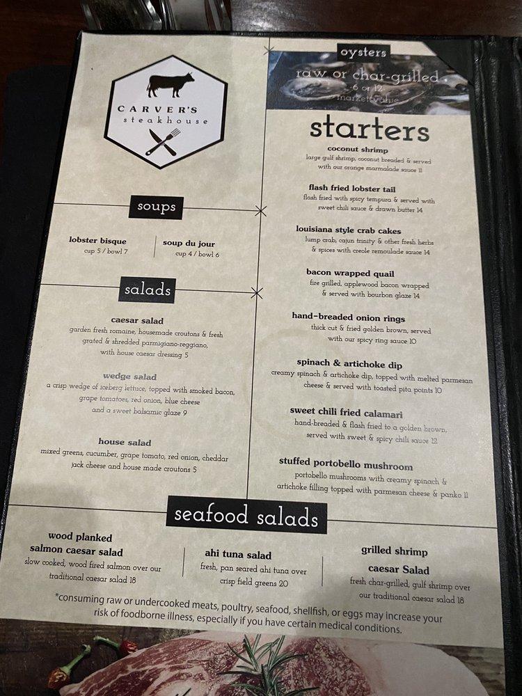 Carta de Carver's steakhouse, Orange Beach