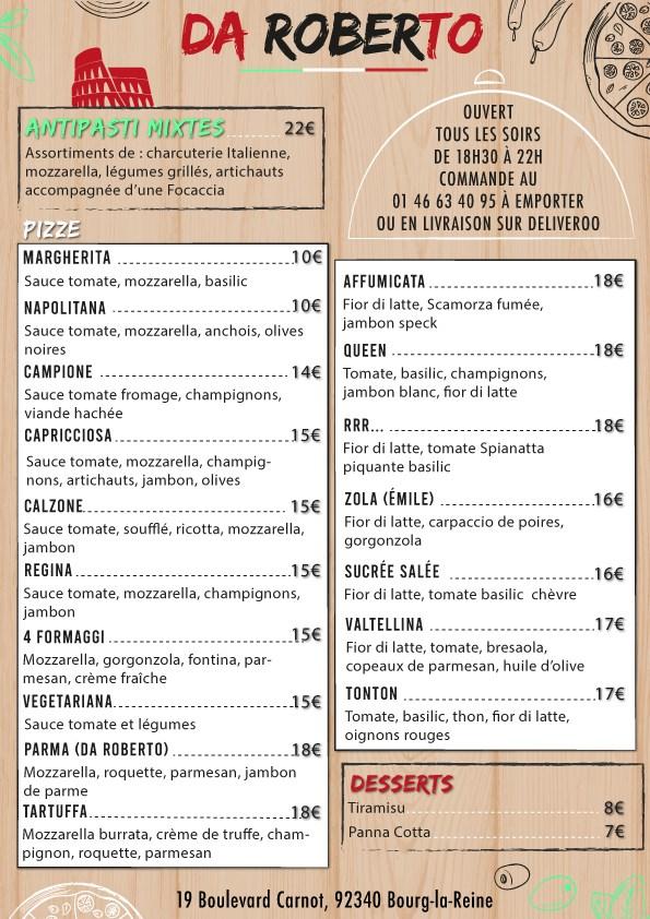 Menu at Da Roberto Restaurant, Bourg-la-Reine, 19 Bd Carnot