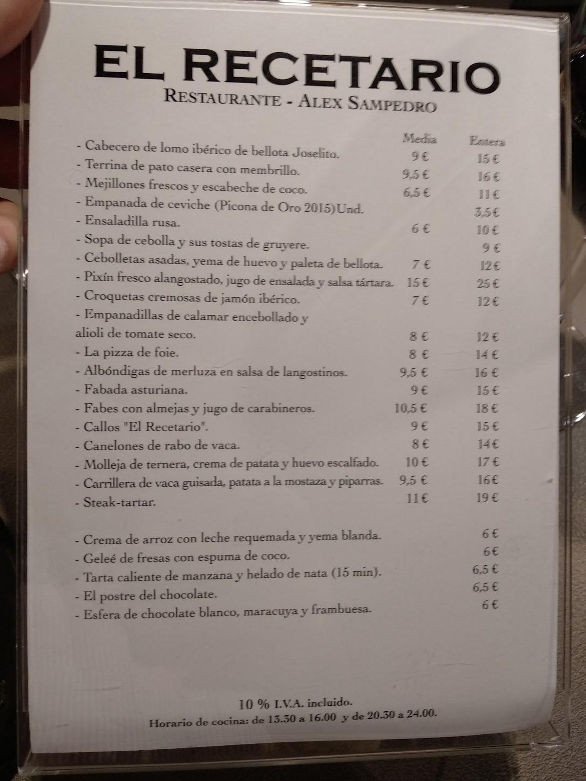 Carta del restaurante El Recetario, Gijón