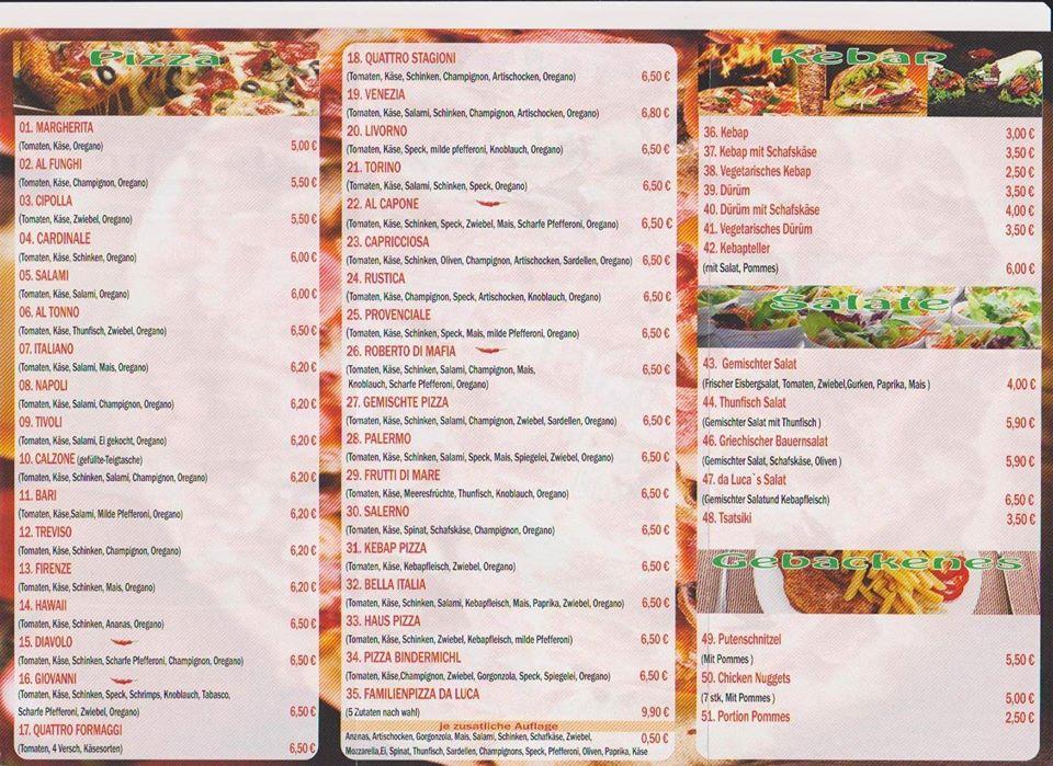 Menu at Pizzeria da Luca, Linz
