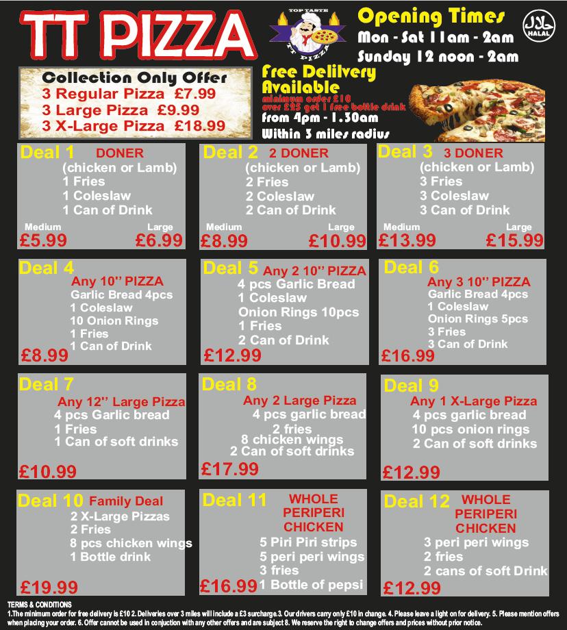 Menu at TT Pizza restaurant, Birmingham, 229- 231 Lozells Rd