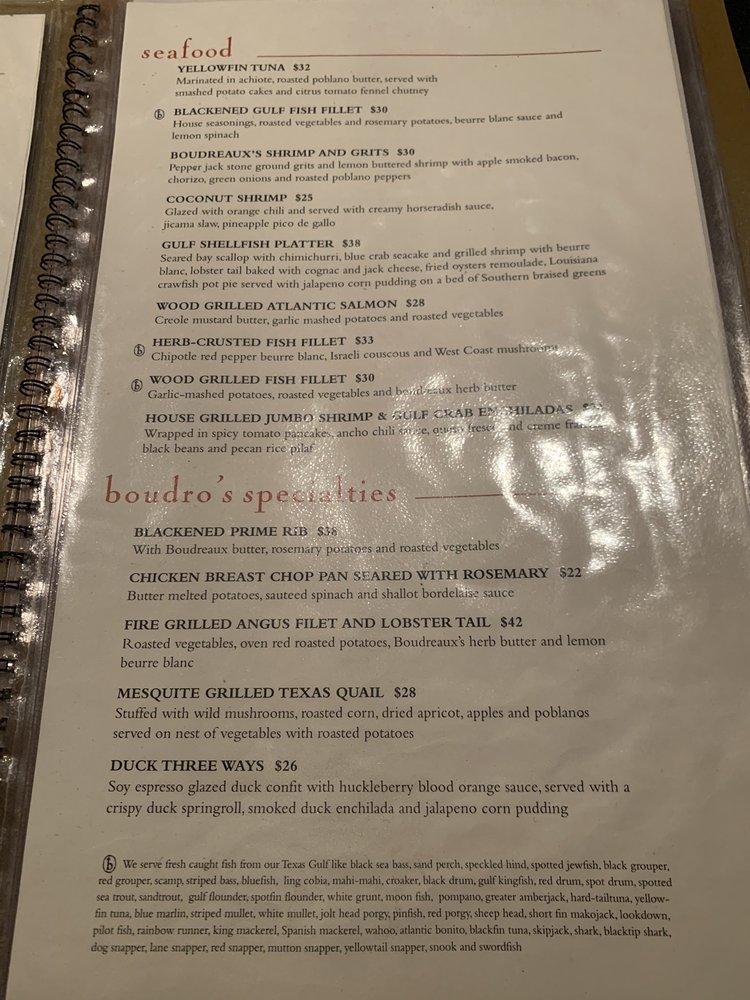 Menu at Boudro's on the Riverwalk steakhouse, San Antonio