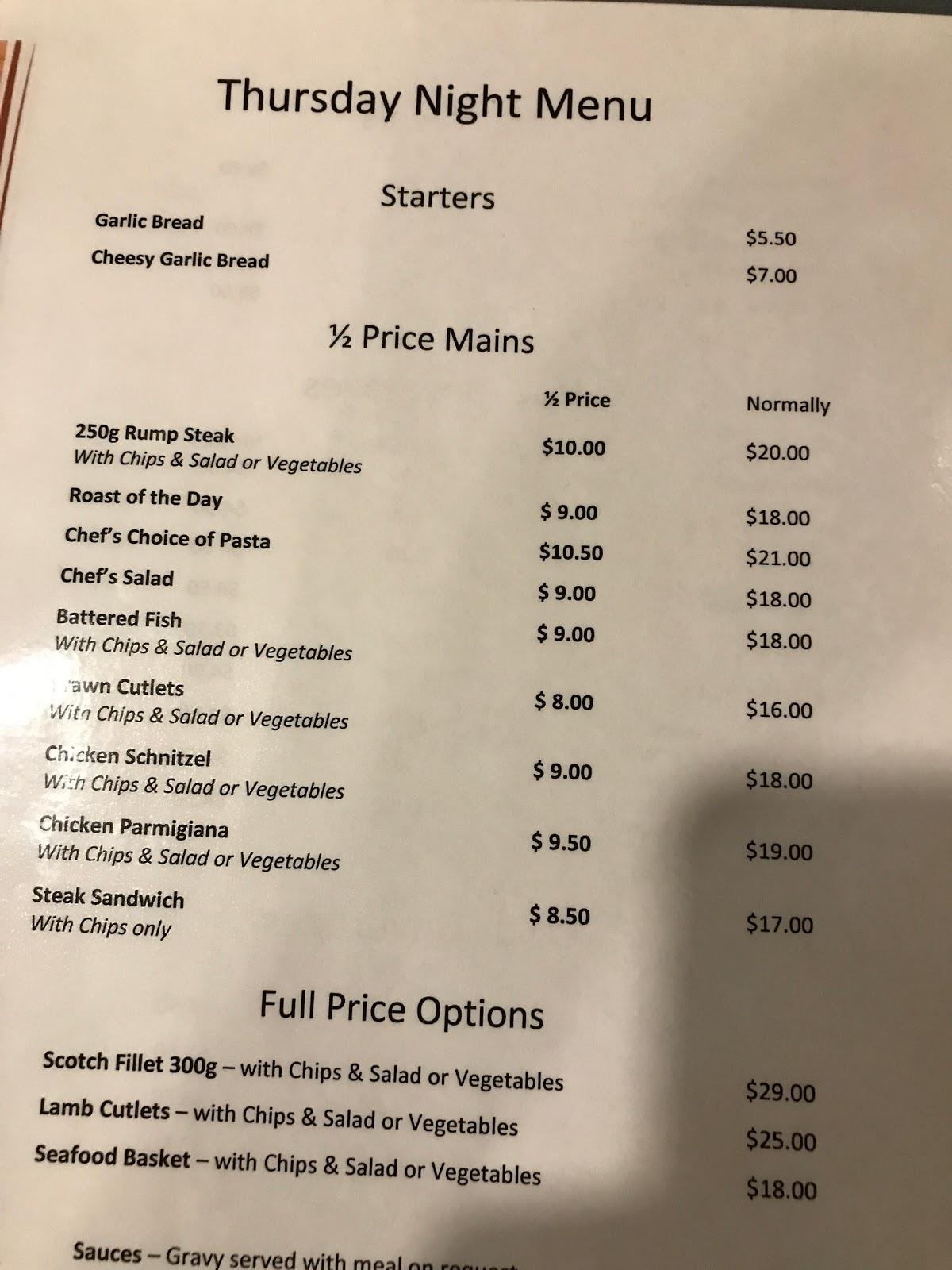 Menu at Gunnedah Services & Bowling Club, Gunnedah