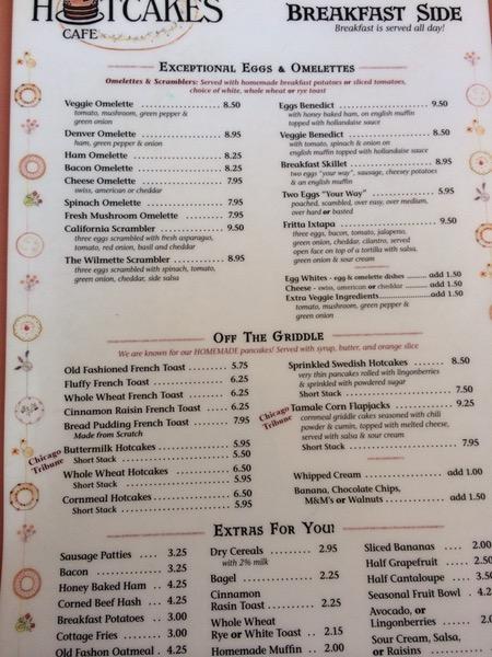 Menu at Hotcakes restaurant, Wilmette