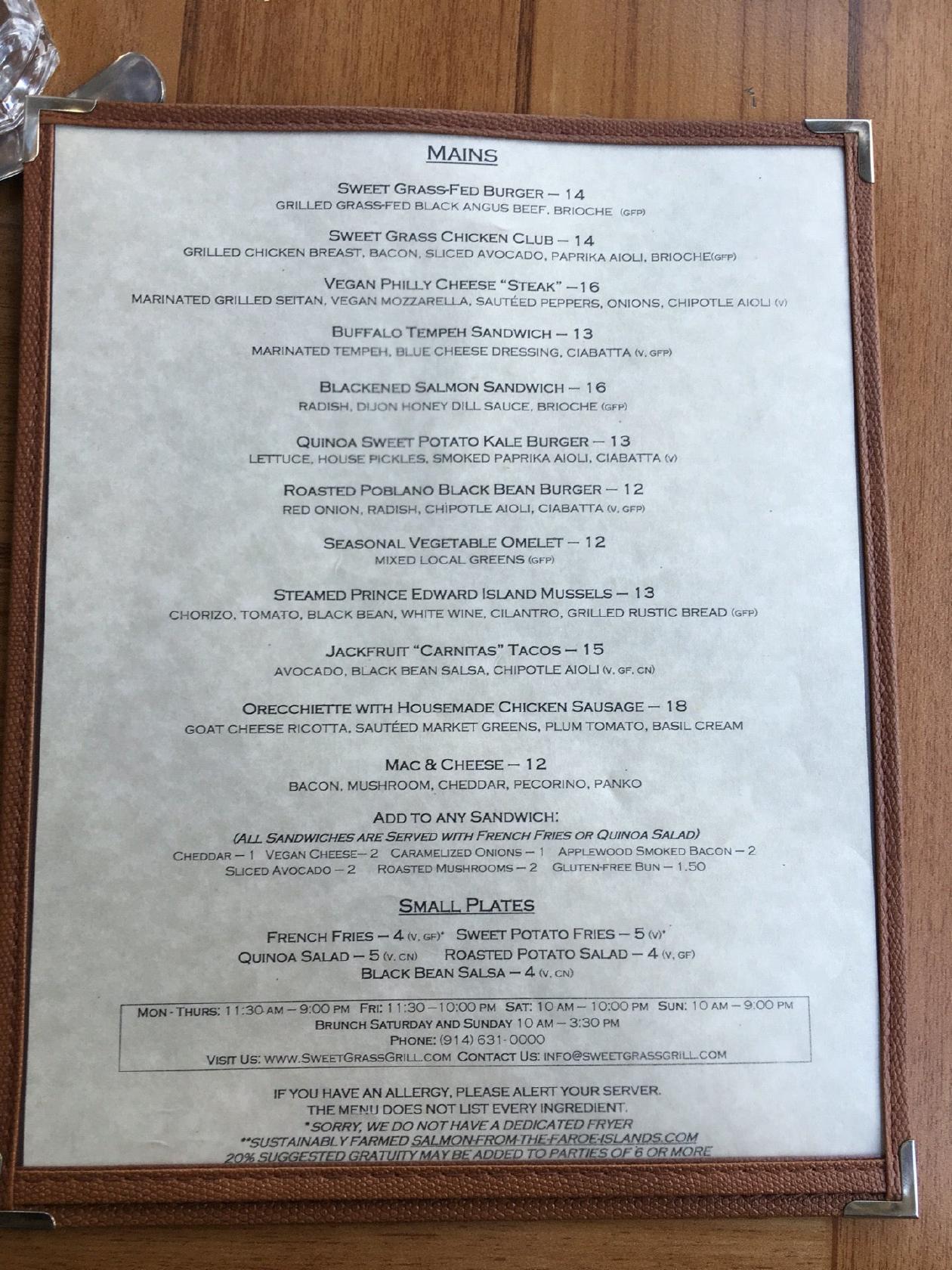 Menu at Sweet Grass Grill restaurant, Tarrytown