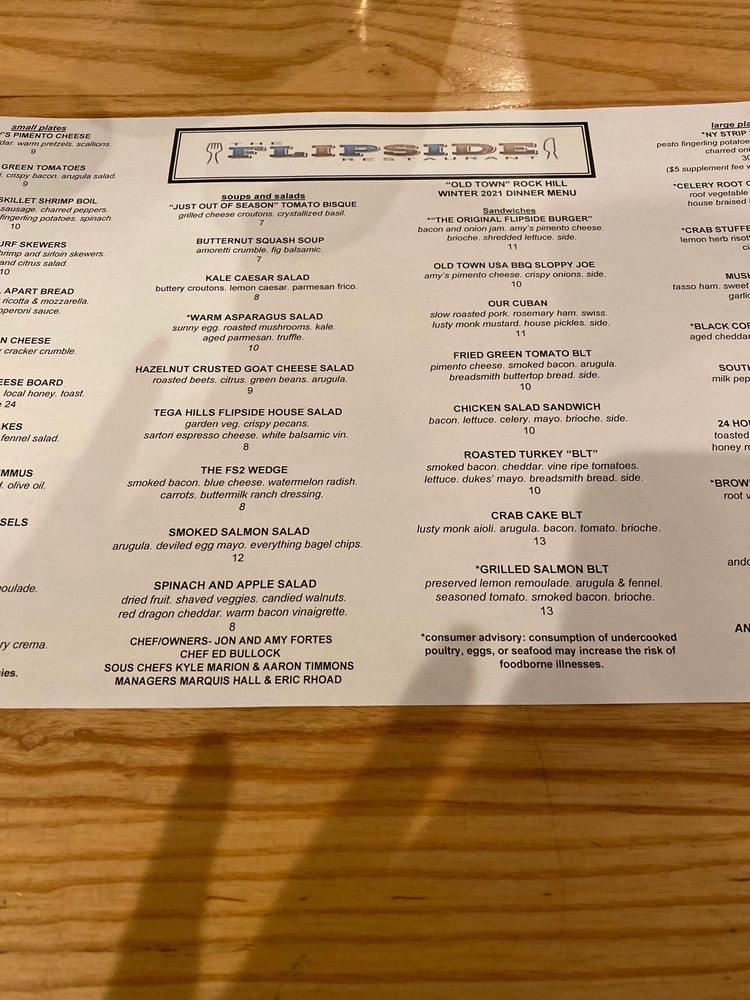 Menu at The Flipside Restaurant, Rock Hill