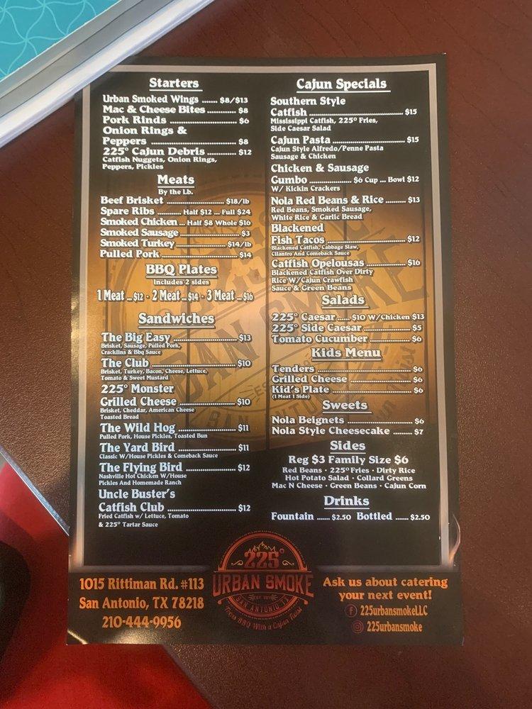 Menu at 225° Urban Smoke BBQ, San Antonio