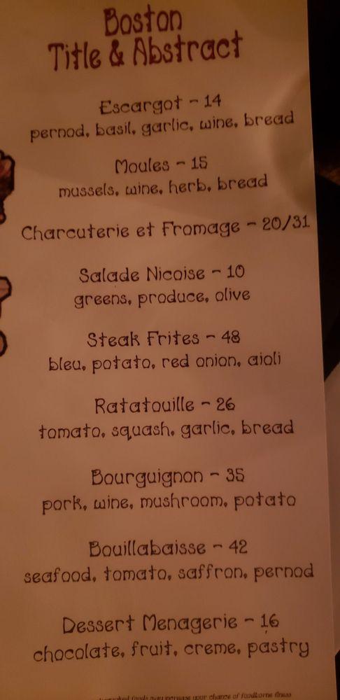 Menu at Boston Title & Abstract pub & bar, Tulsa