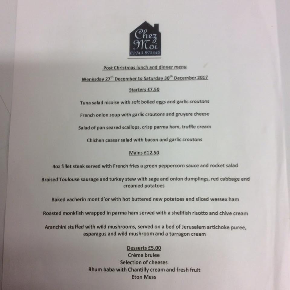 Menu at Chez Moi restaurant, Bognor Regis